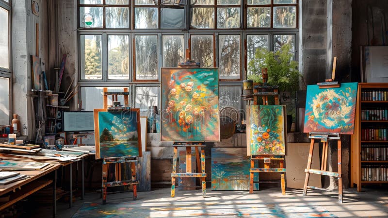 Artistic Painting Studio with Natural Light and Canvases Stock ...