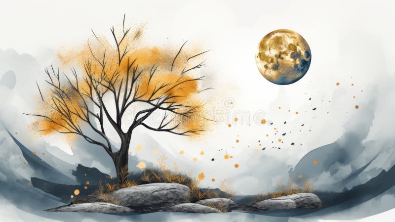 An Artistic Painting of a Tree and a Full Moon Stock Illustration ...
