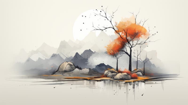 An Artistic Painting of Trees and Rocks in the Mountains Stock ...