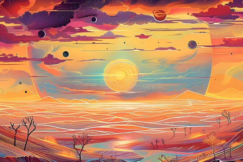 An Artistic Painting of Various Objects on the Field Under a Sunset Sky ...