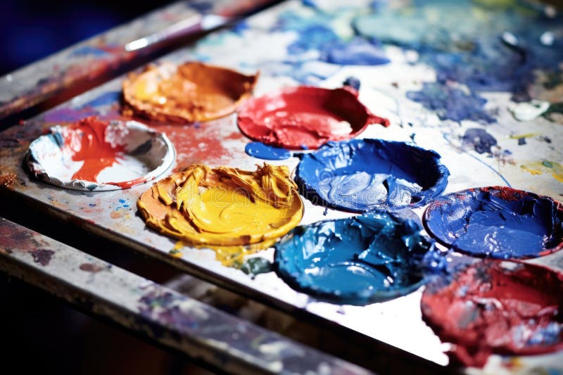 An Artistic Palette with Different Colored Paints Stock Image - Image ...