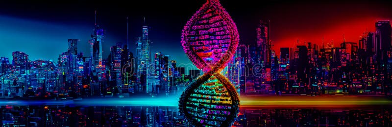 A Highly Coloured Image of DNA Helix Against a City Background Stock ...
