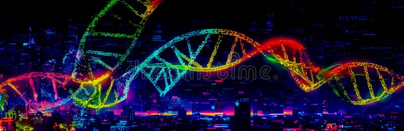 A Highly Coloured Image of DNA Helix Against a City Background Stock ...