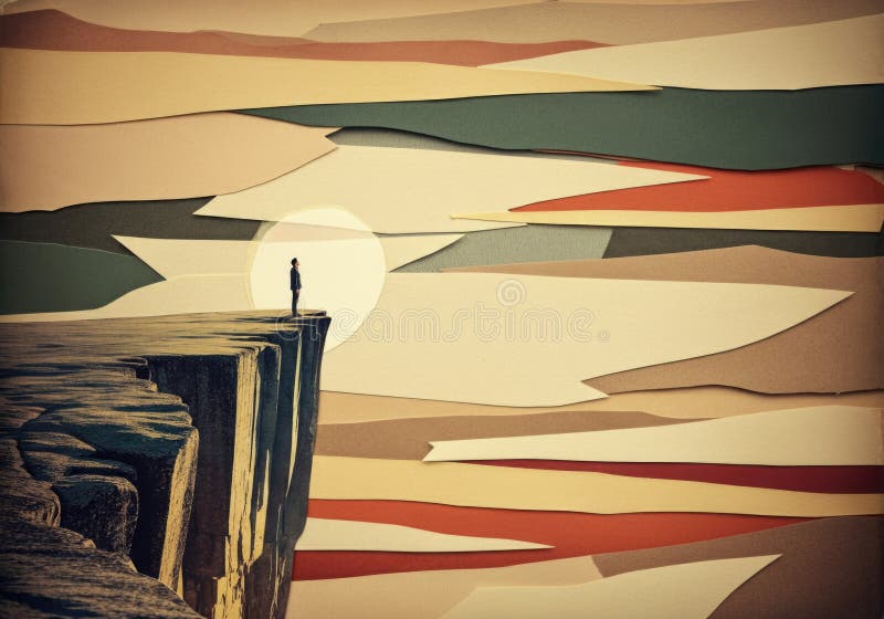 Artistic Paper Collage of Lone Figure on Cliff at Sunset Stock Photo ...