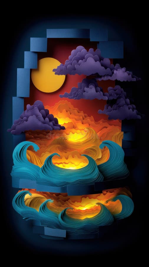 Artistic Paper Layered Illustration of Ocean Waves Under Sunset Sky ...