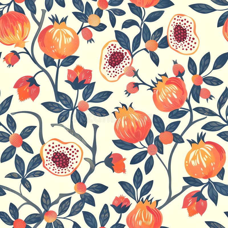 Vibrant Pomegranate Pattern with Fruits and Leaves. Colorful Botanical Wallpaper. Use for ...