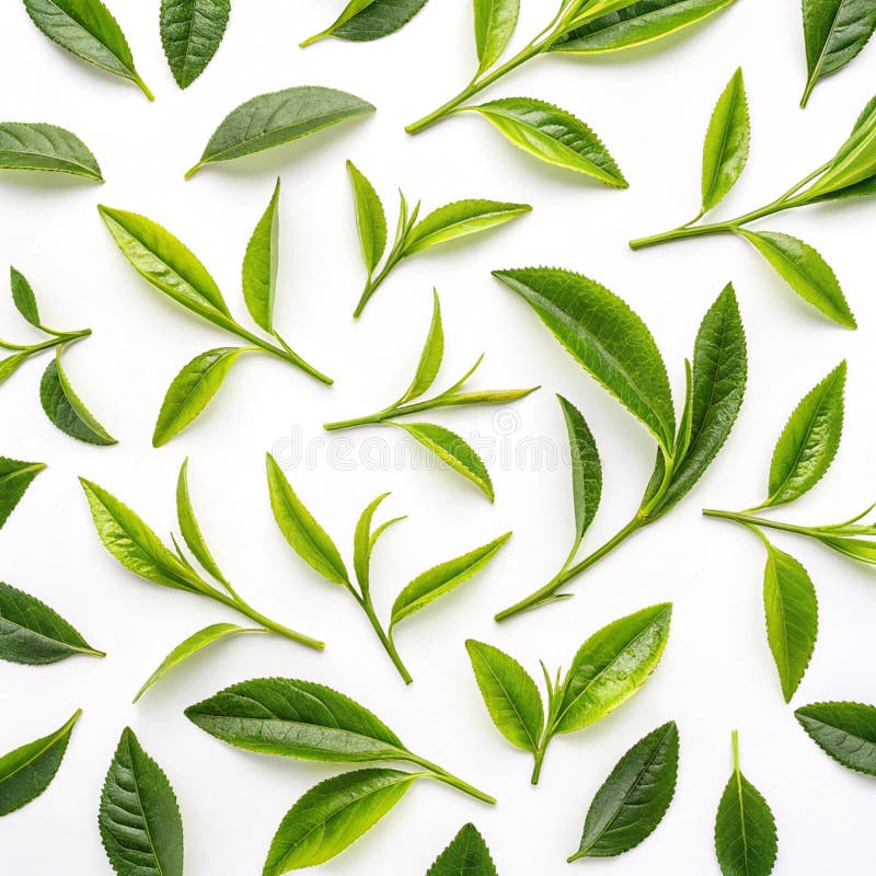 Art Pattern Green Tea Leaves Isolated on White Background Stock ...