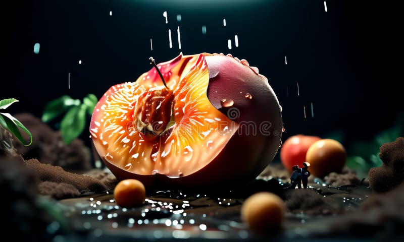 Artistic Peach Cut in Half with Water Droplets in Dramatic Lighting ...