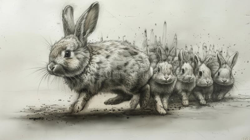 Dynamic Pencil Sketch of Rabbits in Motion with Leader Rabbit Stock ...