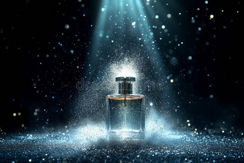 An Artistic Perfume Bottle Glimmers Under a Spotlight, Enveloped by ...