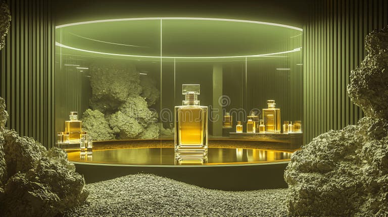 Artistic Perfume Display in an Elegant Setting with Modern Lighting and ...