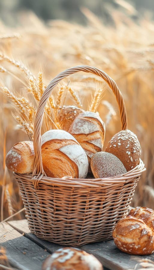 Artistic Photography of Assorted Breads in a Basket with a Scenic Wheat ...