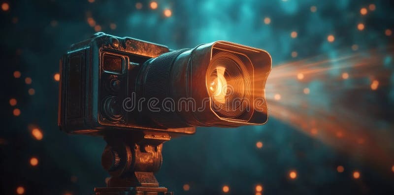 An Artistic Photography Session is Underway in a Dimly Lit Studio Where a Classic Retro Camera ...