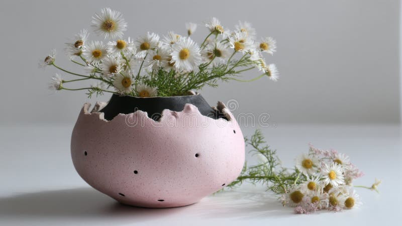 Artistic Pink Ceramic Vase with White Daisy Flowers and Cracked Design ...