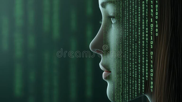 Artistic Portrait, Woman with Binary Code Overlay Symbolizing Digital ...