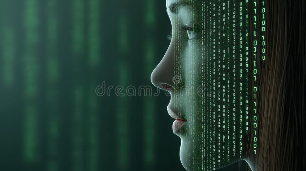 Artistic Portrait, Woman with Binary Code Overlay Symbolizing Digital ...