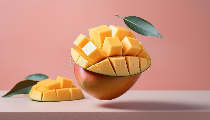 Artistic Poster Featuring a Levitating Mango, Cut into Pieces with ...