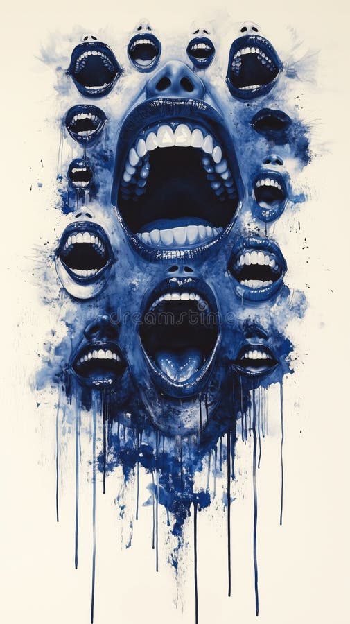 Artistic Poster Featuring Multiple Mouth Shapes in Blue and White Tones ...