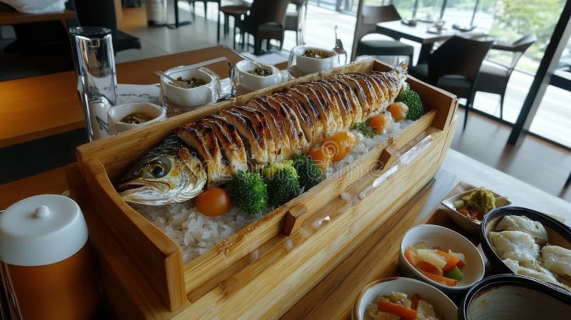 Artistic Presentation of Grilled Fish Platter with Vegetables and Rice ...
