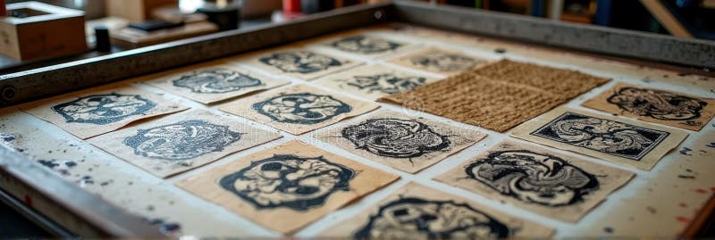 Artistic Printmaking Process in Studio with Intricate Designs on Paper ...