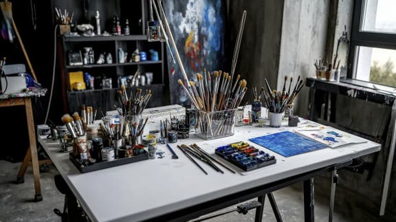 Artistic Process in a Clean Studio Creative Workstation Setup in an ...