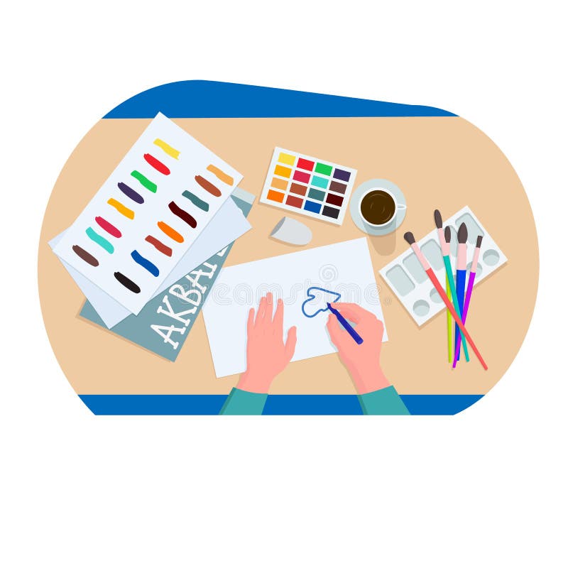 Artistic Work Process, Pencil, Brushes, Watercolors. Creativity at Home ...