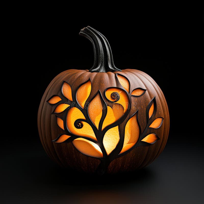 Artistic Pumpkin Carving with Tree Design Illuminated from within Dark ...