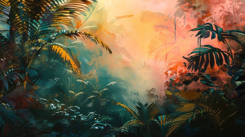 Artistic Rainforest Scene with Abstract Elements. Stock Illustration ...