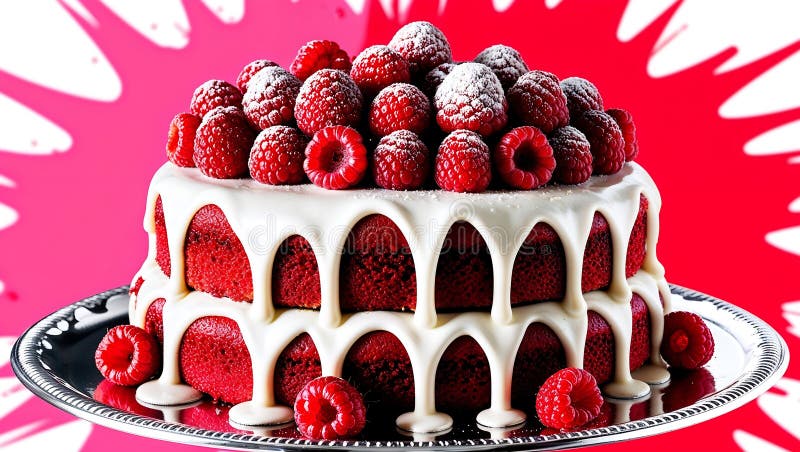 Artistic Raspberry Cake with Dripping White Icing and Raspberries Stock ...
