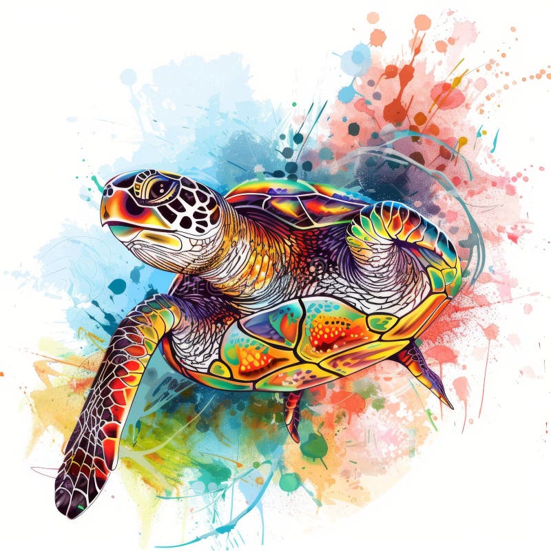An Artistic, Realistic, Colored Drawing of a Sea Turtle on a White ...