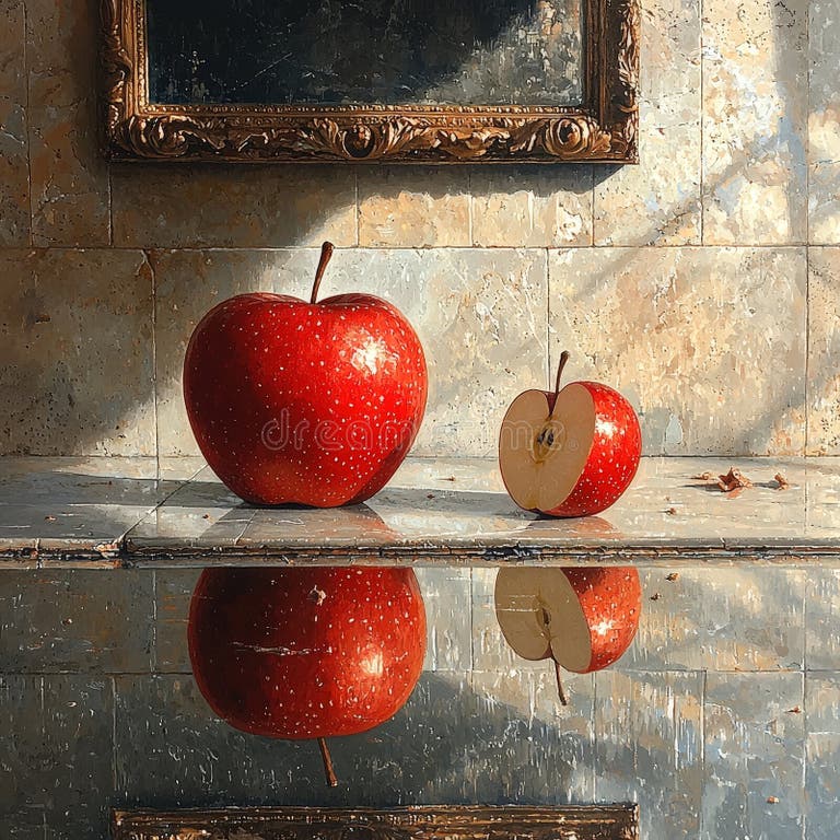 Artistic Red Apple and Half-cut Apple with Rustic Frame Reflection ...