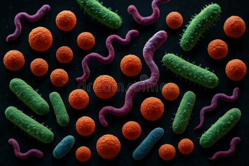 Artistic Render of Different Types of Bacteria Floating in Space. Shows ...