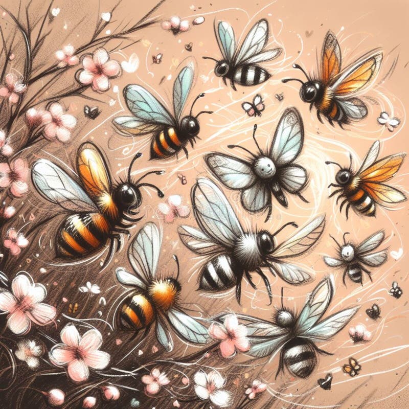 Artistic Rendering of Bees Flying Around Delicate Spring Blossoms in a ...