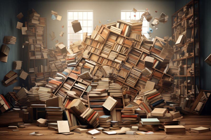 An Artistic Rendering of a Deconstructed Bookshelf, Books Scattered ...