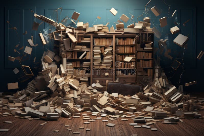 An Artistic Rendering of a Deconstructed Bookshelf, Books Scattered ...