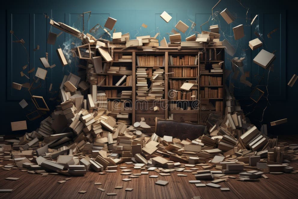 An Artistic Rendering of a Deconstructed Bookshelf, Books Scattered ...
