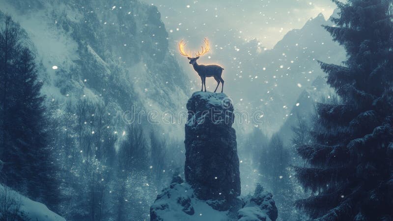 An Artistic Rendering of a Deer with Blazing Antlers, Positioned on ...