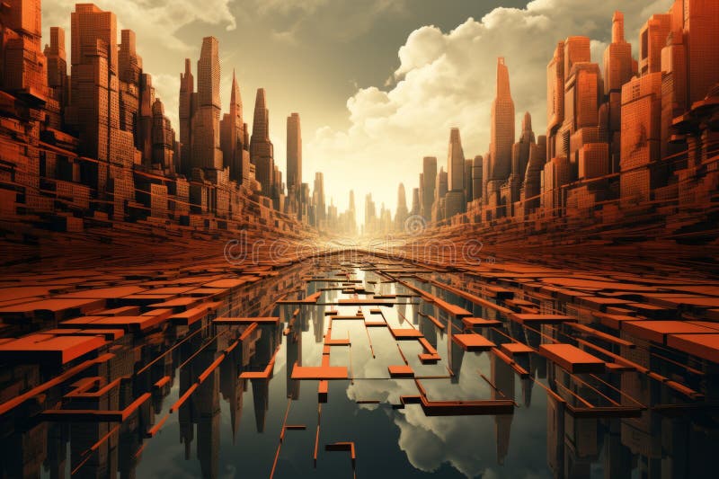 An Artistic Rendering of a Distorted City Skyline Stock Illustration ...