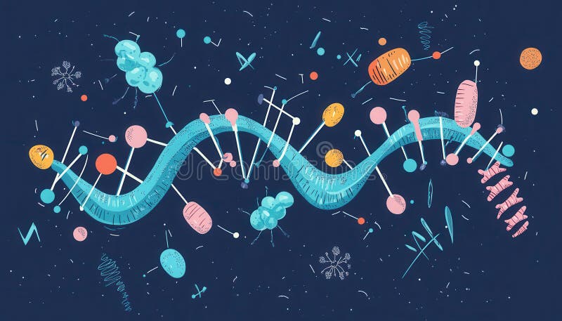 Colorful Illustration of DNA Structure with Various Cells and Molecules ...