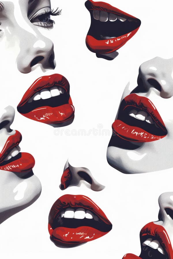 Abstract Composition of Female Lips and Faces with Red Lipstick on a ...