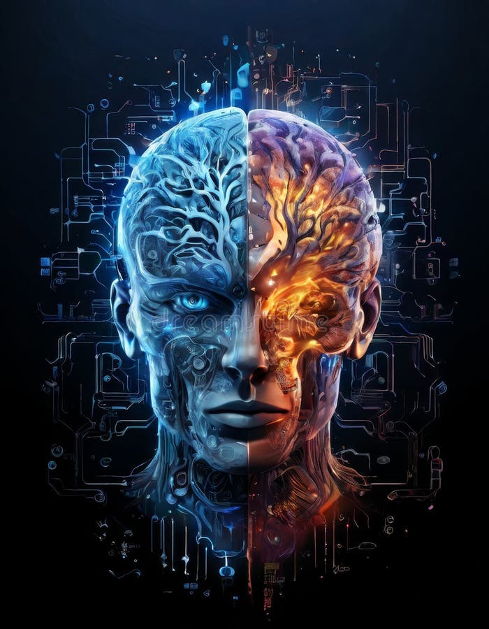 Dual Brain Concept with AI and Nature Intertwined, Divided by Color ...