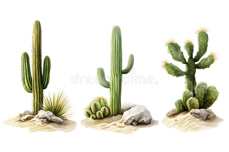 Artistic Rendering of Three Unique Cactus Forms Stock Illustration ...