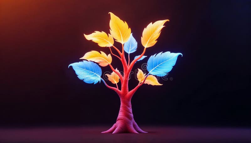 A Colorful, Glowing Tree with Blue and Yellow Leaves Stands Out on a ...