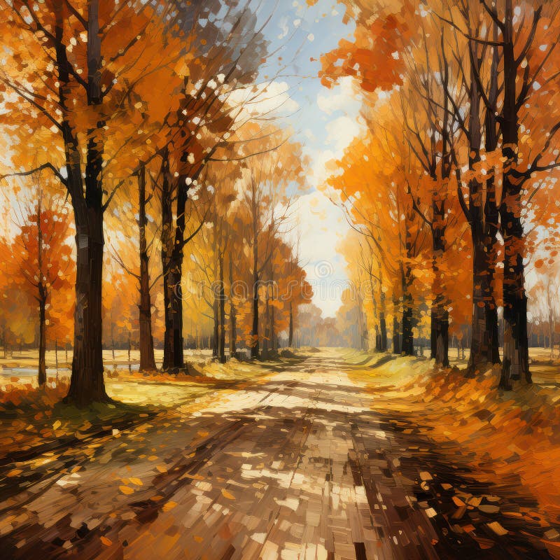 Artistic Rendering of a Tree-lined Autumn Path. AI Generation Stock ...