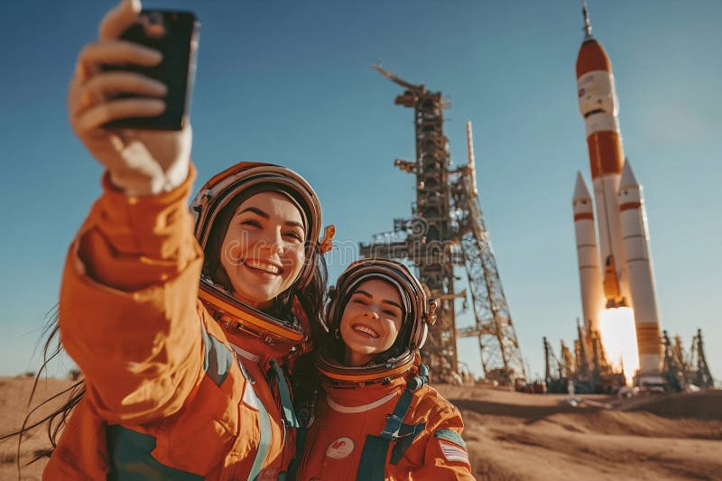 Female Astronauts Taking Selfie at Launch Site Stock Illustration ...