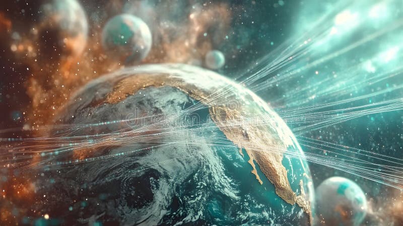 Artistic Rendition of Earth Surrounded by Planets in Space Representing Global Interconnectivity ...