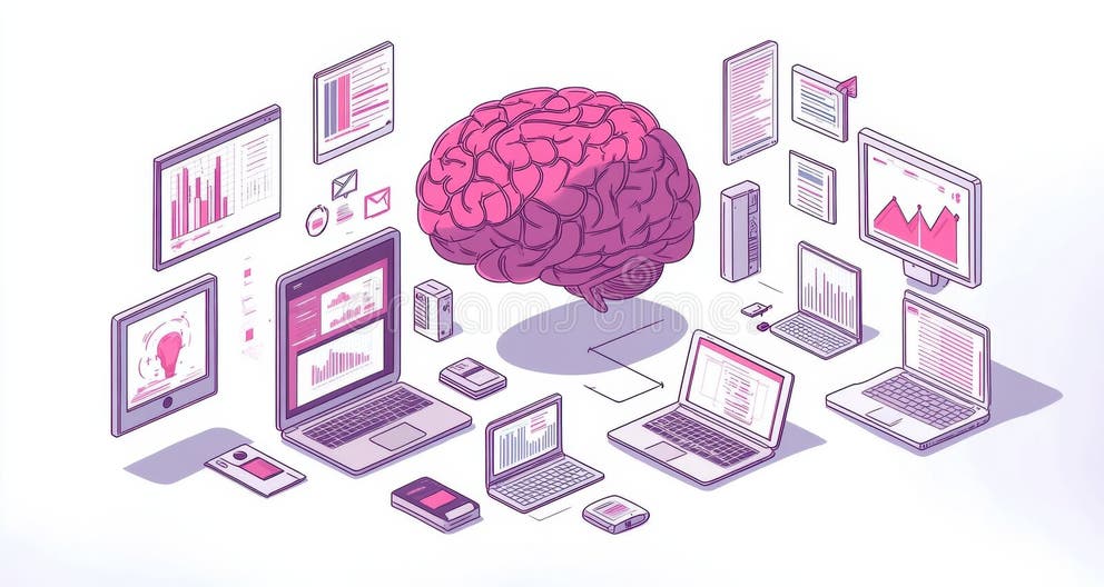 Isometric Illustration of AI Brain Connected To Digital Devices and ...