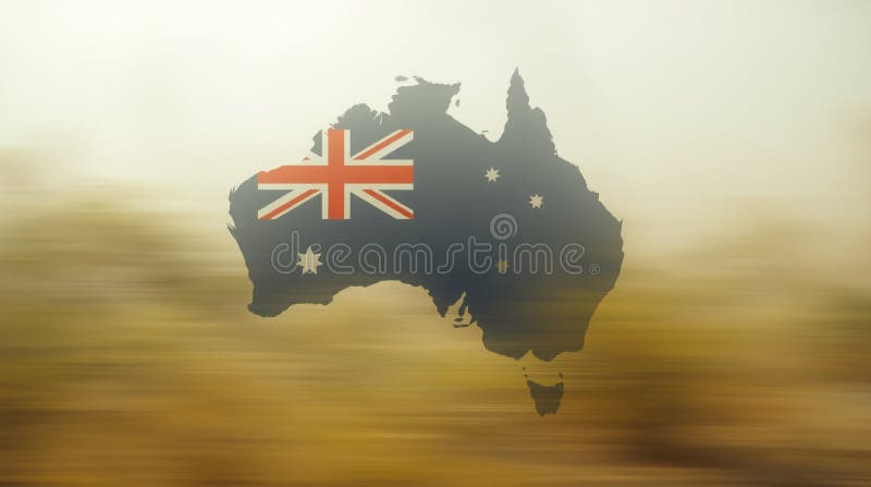 Australian Continent Map Overlayed on a Blurred Landscape Background. a ...