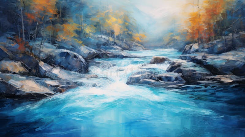 Realistic Watercolour Painting of a River with Trees and Rocks Stock ...