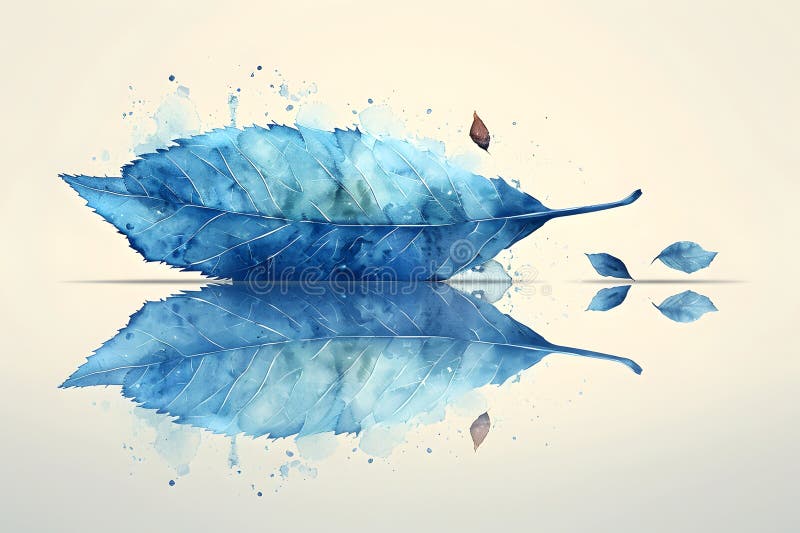 Abstract Blue Watercolor Leaves with Reflection for Art Print Design ...